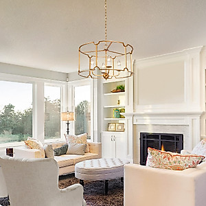 LALUZ Gold Drum Chandelier, 4-Light Modern Dining Room Chandelier Lighting, Large Round Gold Pendant Light Fixture for Kitchen, Foyer & Living Room, Brushed Antique Gold Finish, 22’’ D x 15’’ H