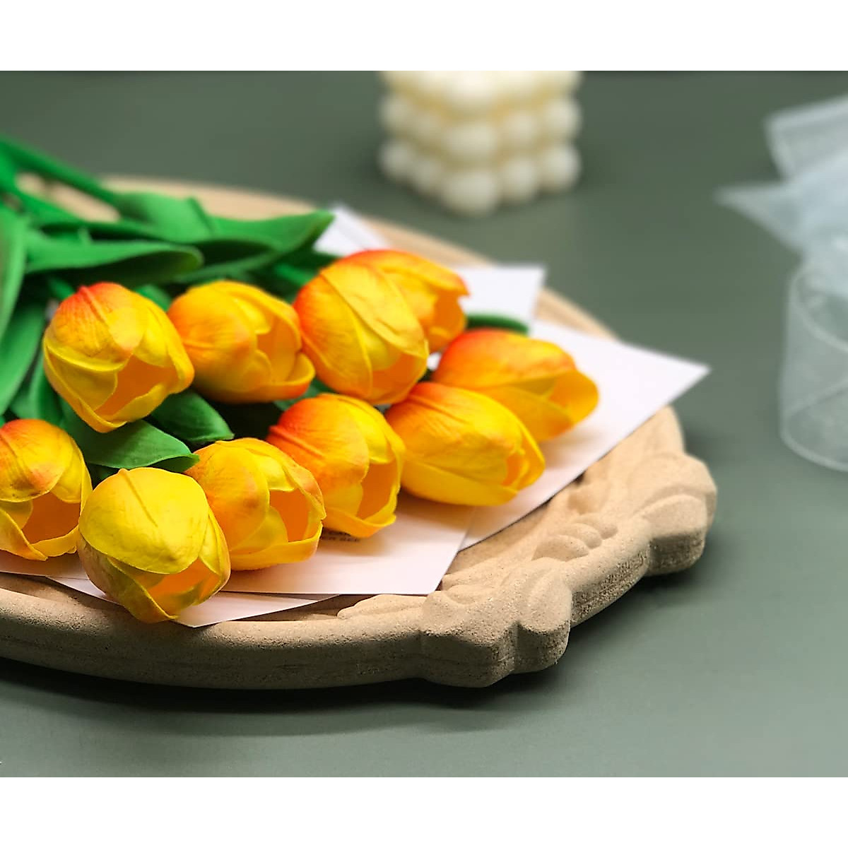 20Pcs Sunset Artificial Tulips Flowers Faux Realistic Tulip Bouquet Real Touch Sunset Flowers for Wedding Party Home Garden Office DIY Floral Arrangement Decor(Sunset)