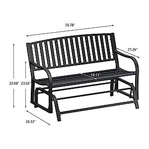 2-Person Outdoor Patio Glider Bench for Outside, Benches Swing Rocking Metal Loveseat Coated Steel Frame Porch Furniture Weatherproof Garden Backyard，Black, 2ZWQ03