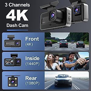 3 Channel 4K Dash Cam, Dash Camera for Cars with 64GB SD Card, 4K+1080P+1440P Dash Cam Front and Rear Inside, Super Night Vision, Loop Recording, G-Sensor, Motion Detection, 24 Hours Parking Mode