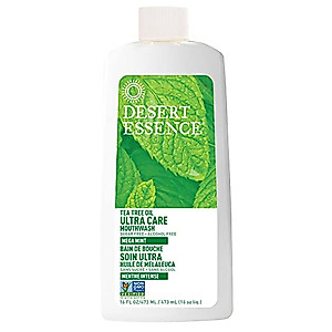 Desert Essence Ultra Care Mouthwash, Mega Mint, 16 fl oz - Alcohol Free, Sugar Free, Gluten Free, Vegan, Non-GMO - Aloe, Sage, Chamomile, Tea Tree Oil, Peppermint & Spearmint Essential Oils