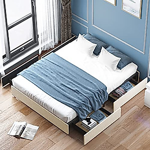 BALUS Full Size Bed Frame with Storage Drawers, Wood Slat Support Bed Frame, Linen Fabric Upholstered Platform Bed, Bed Frame with Large Storage Space Beige