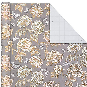 Hallmark Premium Wrapping Paper with Cut Lines on Reverse (3 Rolls: 85 sq. ft. ttl) Gold Hearts, Rose Flowers, White Stripes for Birthdays, Weddings, Mother's Day, Valentine's Day, Bridal Showers