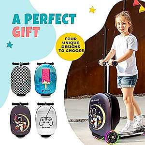 Lascoota Scooter Suitcase, Foldable Scooter Luggage For Kids - Lightweight Kids Ride on Luggage Scooter, LED Lights - Video Game Graphic Suitcase Scooter, Ride On Suitcase for Kids Ages 4-8