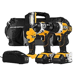 JCB Tools - 20V, 3-Piece Power Tool Kit - Hammer Drill Driver, Impact Driver, LED Work Light, 2 x 2.0Ah Batteries, Fast Charger and Tool Bag - For Home Improvements, Drilling, Masonry, Screw Driving