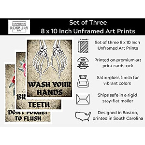 Roxbury Row Goth Bathroom Decor | Skeleton Decor, Skull Decor | Funny Bathroom Signs, Floral Skull Bathroom Decor Sets | Halloween Bathroom Decor Set (Unframed Prints) (Set of 3: Wash/Brush/Flush)