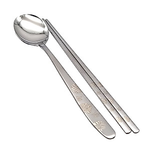 SUPIA Korean Traditional Cutlery Stainless Steel Spoons and Chopsticks Set Tableware with Long-hand, Reusable (Silver Flower)