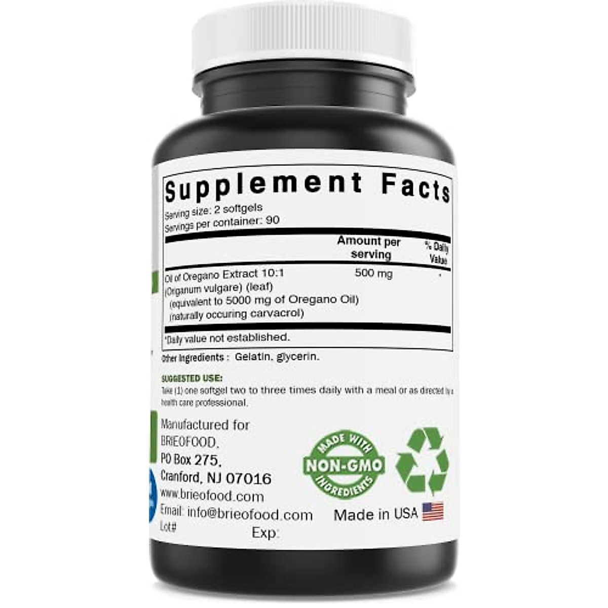 Brieofood Oregano Oil 5000mg/Serving - Contains Naturally Occuring Carvacrol - Healthy Immune Function - 180 Softgels