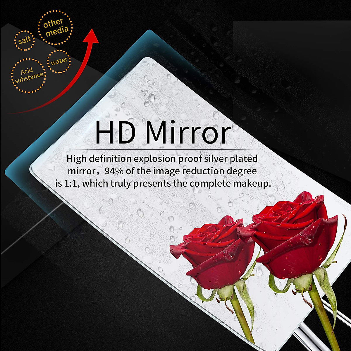 GURUN Frameless Rectangle Tabletop Vanity Mirror Single Side Adjustable Easy Positioning 5X Magnification 304 Stainless Steel Chrome Finish 2234（Chrome,5X