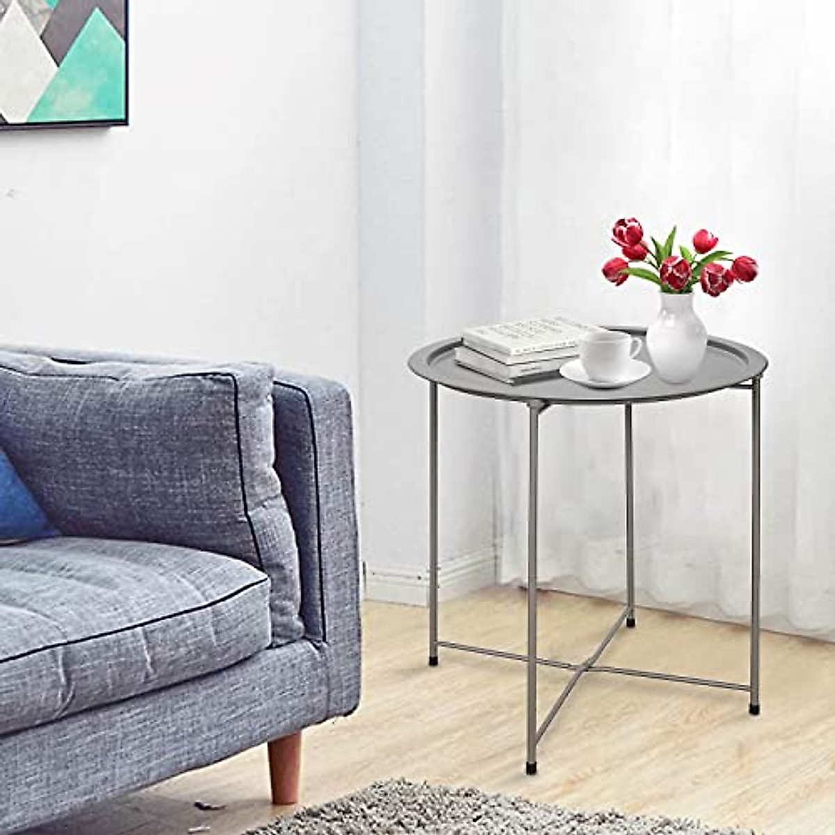 Garden 4 you Folding Tray Metal Side Table Grey Round End Table Cyan Sofa Small Accent Fold-able Table, Round End Table Tray, Next to Sofa Table, Snack Table for Living Room and Bed Room