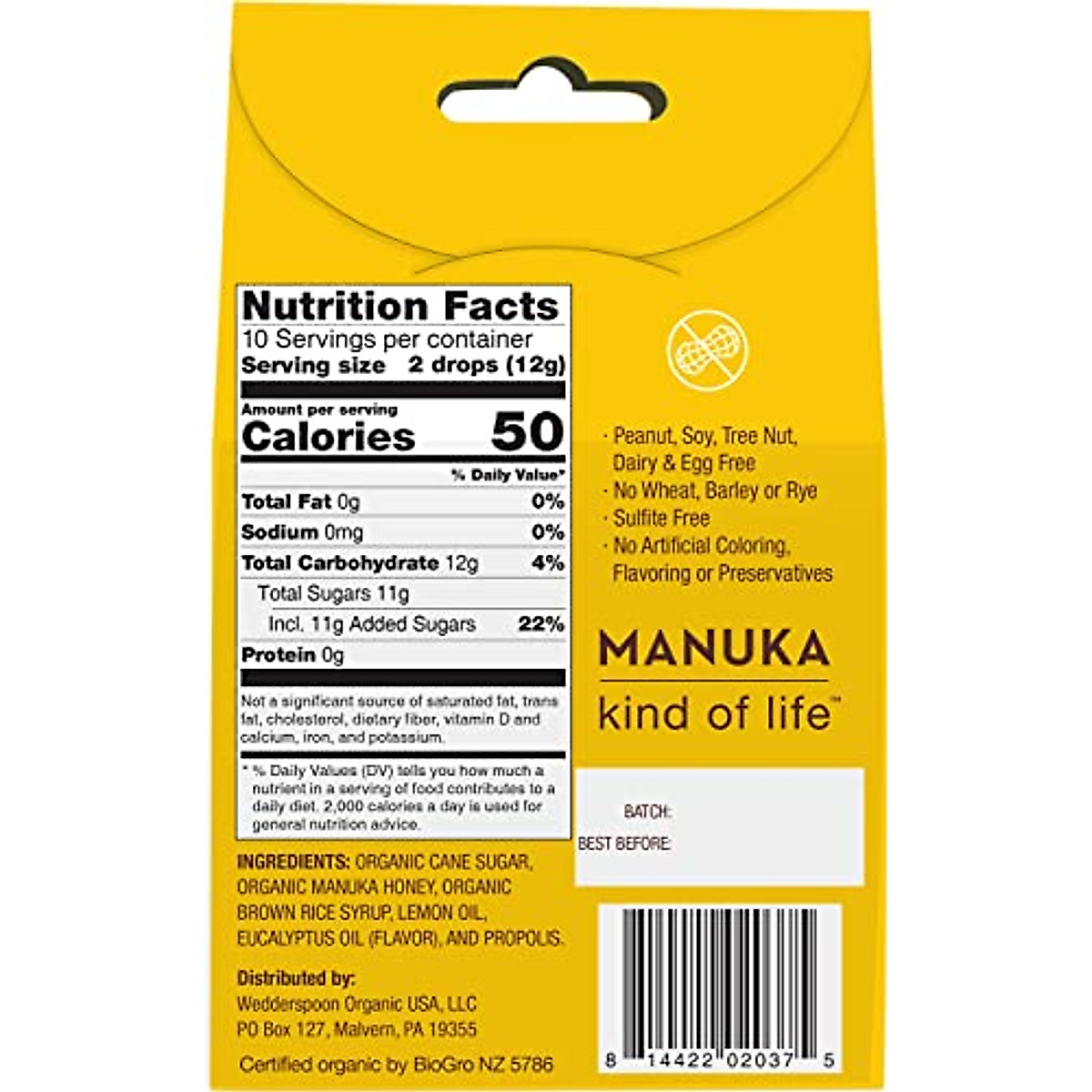 Wedderspoon Organic Manuka Honey Drops, Lemon & Bee Propolis, 20 Count (Pack of 1) | Genuine New Zealand Honey | Perfect Remedy For Dry Throats