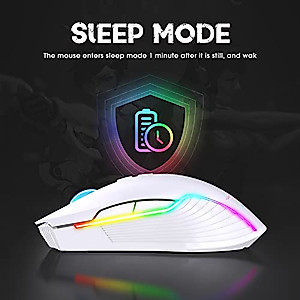 PHNIXGAM Rechargeable Wireless Gaming Mouse, Ergonomic RGB Computer Mouse with 2.4G Receiver, RGB Backlight, Adjustable DPI Up to 3600, 7 Buttons (Not Programmable) for Windows Vista Linux (White)