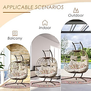 NICESOUL® Double Swing Egg Chair with Stand Large 2 Person Indoor Outdoor Wicker Patio Twins Basket Hanging Chair with Beige Cushions 510 Lbs Capaticy for Bedroom Balcony Oversized