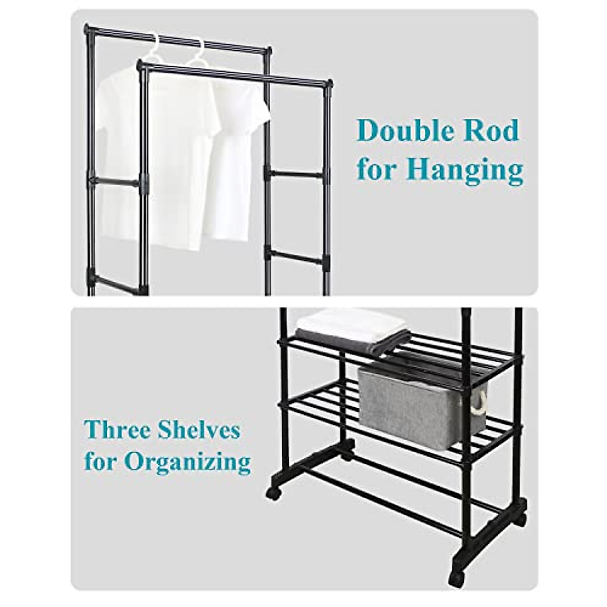 ZOES HOMEWARE Compact Clothes Rack | Rolling Clothing Rack | Metal Garment Clothes Rack for Hanging Clothes | Hanging Clothes Rack with 3 Shelves on Wheels