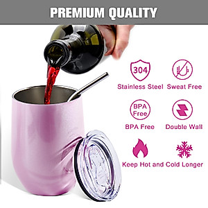 BetterSub 8 Pack 12oz Sublimation Glitter Pink Wine Tumblers Double Wall Insulated Sublimation Blanks Tumblers, Stainless Steel Sublimation Cups with Lid, Metal Straw, Brush, Display Box