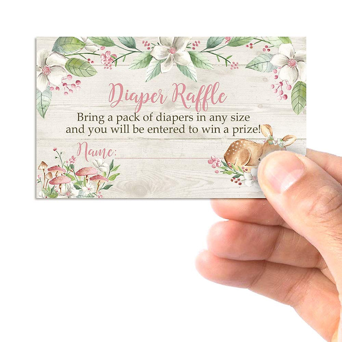 Little Deer Woodland Themed Diaper Raffle Tickets for Girl Baby Showers, 20 2" X 3” Double Sided Insert Cards for Games by AmandaCreation, Bring a Pack of Diapers to Win Favors & Prizes!