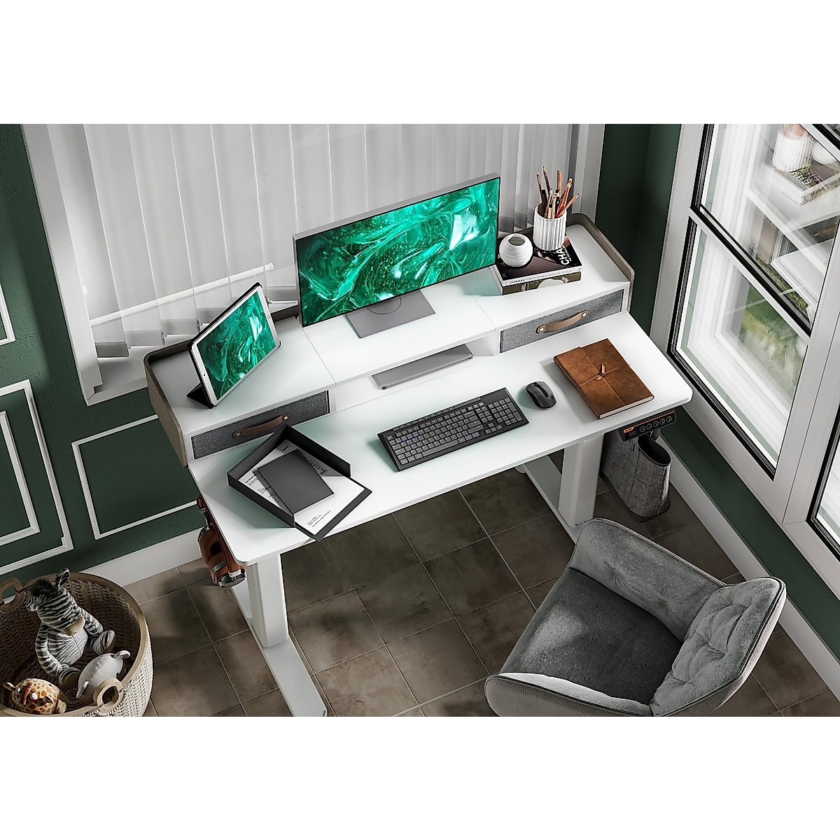 Claiks Standing Desk with Drawers, Stand Up Electric Standing Desk Adjustable Height, Sit Stand Desk with Storage Shelf and Splice Board, 55 Inch, White