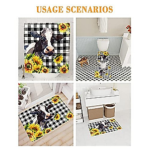 Fangship 4 Piece Shower Curtain Sets Farm Cow and Sunflower Black and White Buffalo Plaid Include Non-Slip Rug,Toilet Lid Cover,Bath Mat and Hooks Durable Waterproof Shower Curtain Set for Bathroom