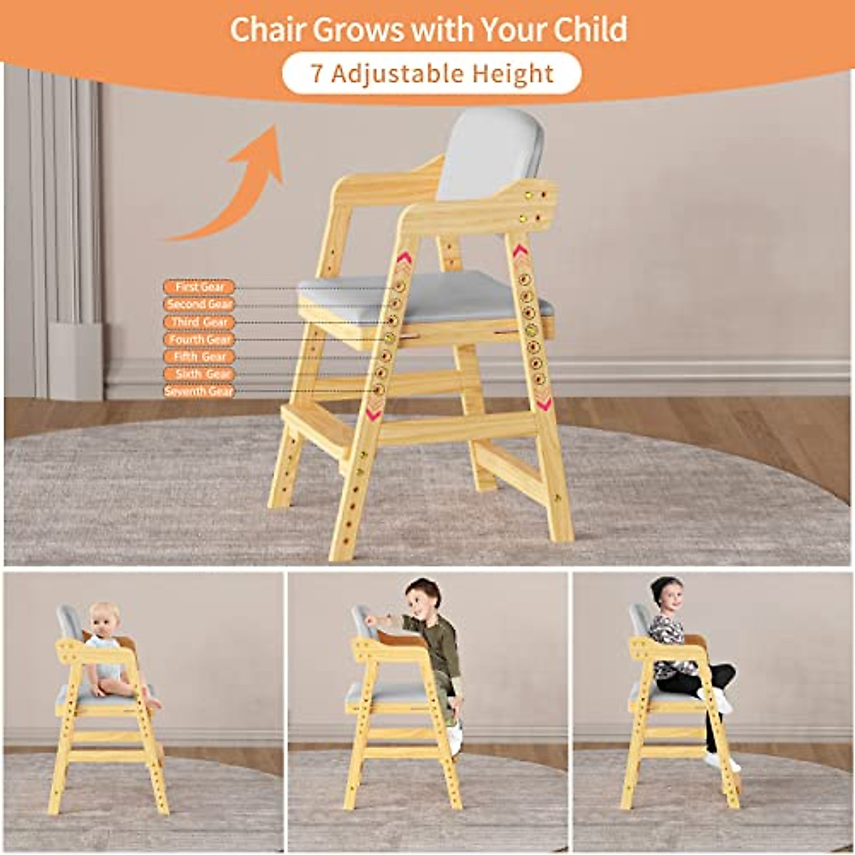 Wooden High Chair for Toddlers, Adjustable Toddler High Chair with High Rebound Waterproof Cushion for Toddlers to Teens，Toddler Dining Chair with Steps for Kids Dining, Studying, Step Tool (Grey)