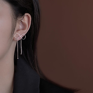 Reffeer Solid 925 Sterling Silver Bow Drop Earrings Dangle for Women Teen Girls Bowknot Dangle Earrings Studs (A-Silver)