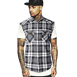 NUTEXROL Men's Casual Flannel Plaid Shirt Sleeveless Cotton Plus Size Vest X-Large Black and white