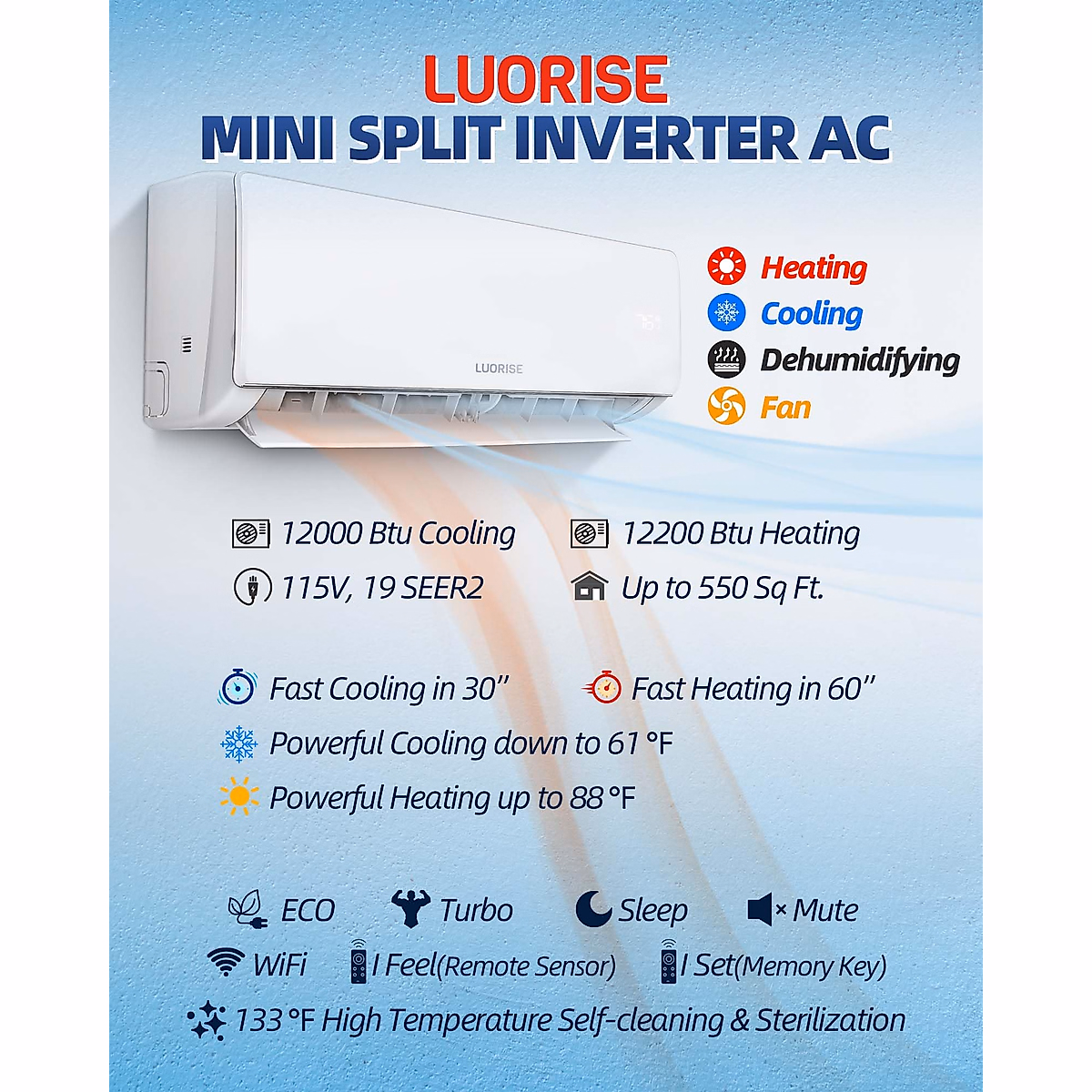 LUORISE 12000 BTU WiFi Mini Split AC/Heating System, Ductless Air Conditioner, 19 SEER2 Energy Efficient Inverter AC, Cools Up to 550 Sq.Ft, Pre-Charged Heat Pump & 16.4ft Installation Kits, 115V