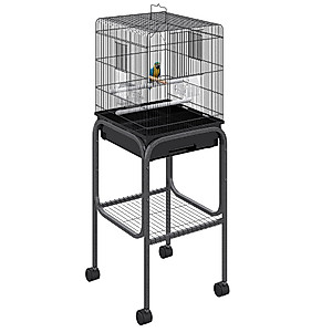 Pawhut 45-inch Metal Indoor Bird Cage, Parrot Cage, Bird Aviary with Detachable Rolling Stand, Storage Basket, and Accessories - Black