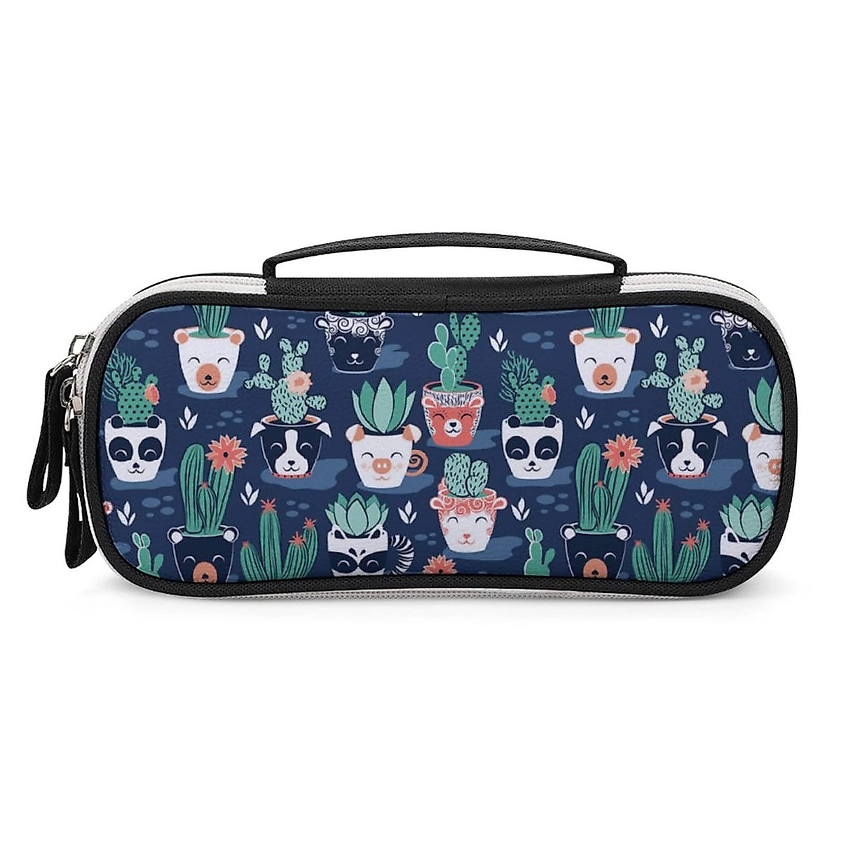 Cacti Succulents Cuddly Pots PU Leather Pencil Pen Case Organizer Travel Makeup Handbag Portable Stationery Bag