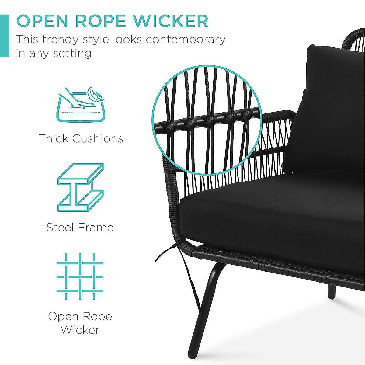 Best Choice Products Outdoor Rope Woven Sectional Patio Furniture L-Shaped Conversation Sofa Set for Backyard, Porch w/Thick Cushions, Detachable Lounger, Side Table - Black