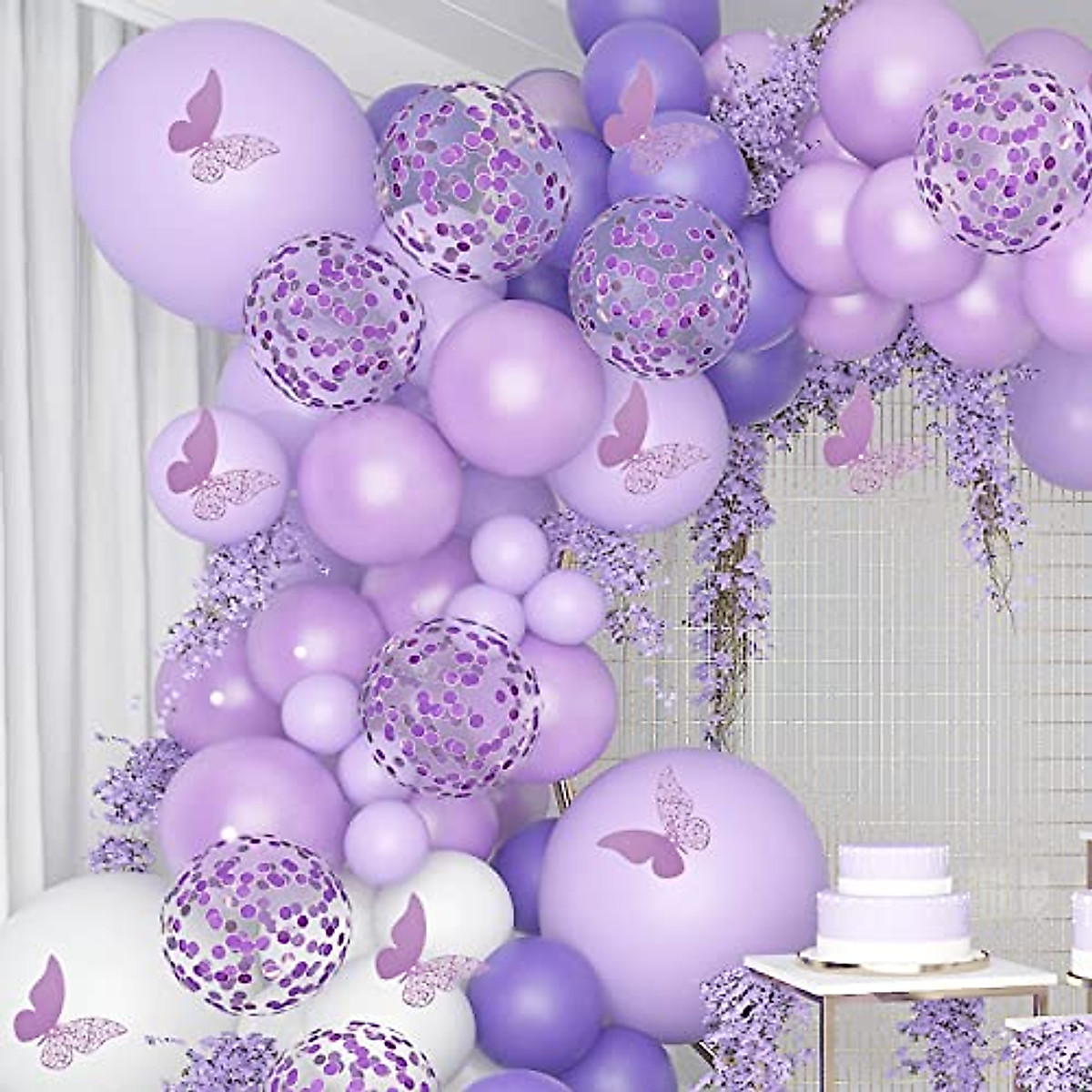 Pateeha Purple Balloon Garland Arch Kit 140 Pcs Purple Baby Shower Decorations for Girl Butterfly Sticker White Lavender Latex Balloons for Birthday Bridal Shower Wedding Decorations