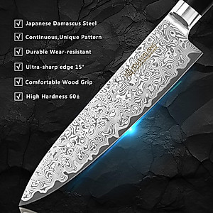 YOUSUNLONG Kitchen Knife Set - 5 Piece Knife Set With Natural Fraxinus Americana Wood Knife Holder - Ultra Sharp High Carbon Japanese Damascus Steel Blade - Natural Ebony Handle