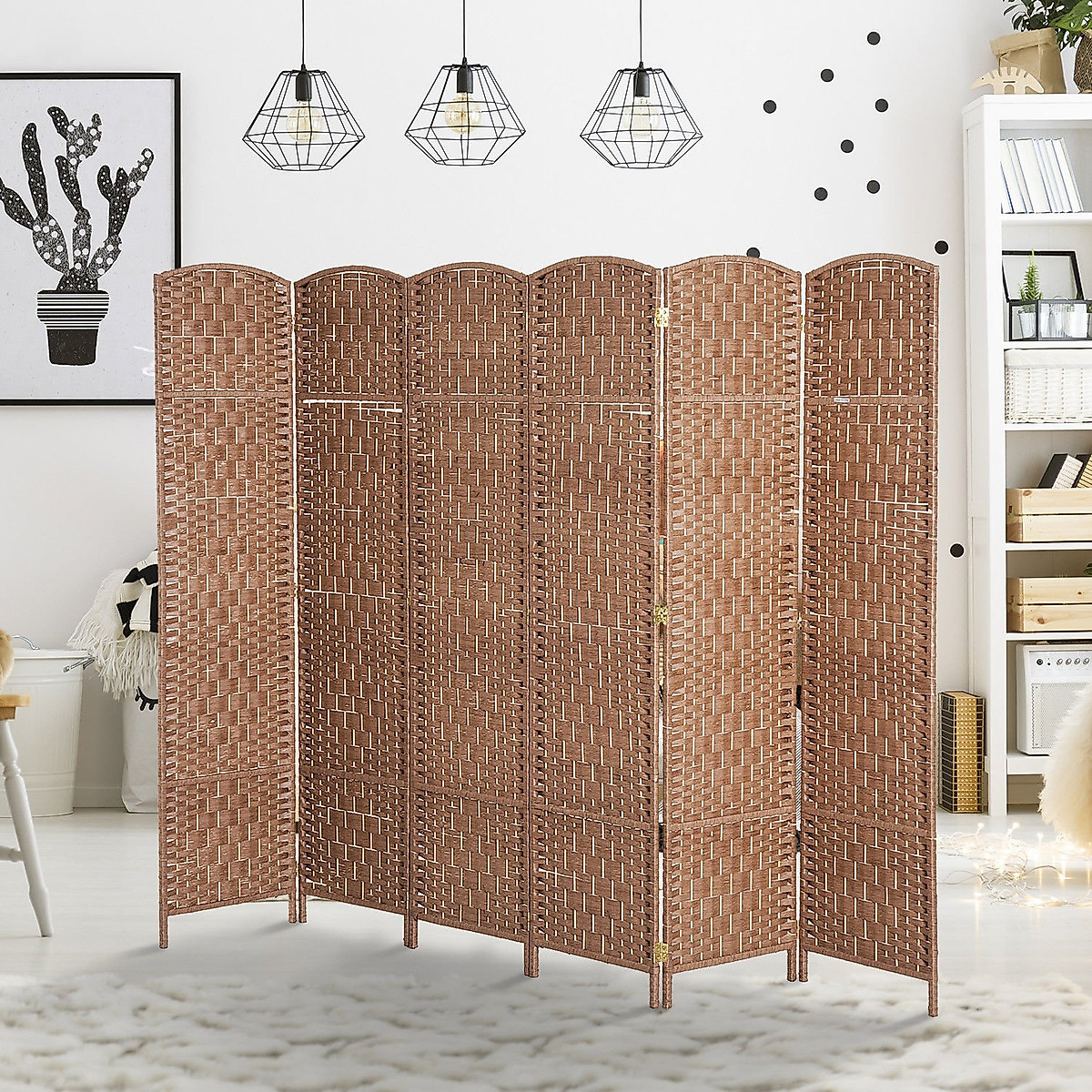 HOMCOM Room Divider, 6 Panel Folding Privacy Screen, 6FT Tall Portable Wicker Weave Partition Wall Divider for Bedroom, Home Office, Natural