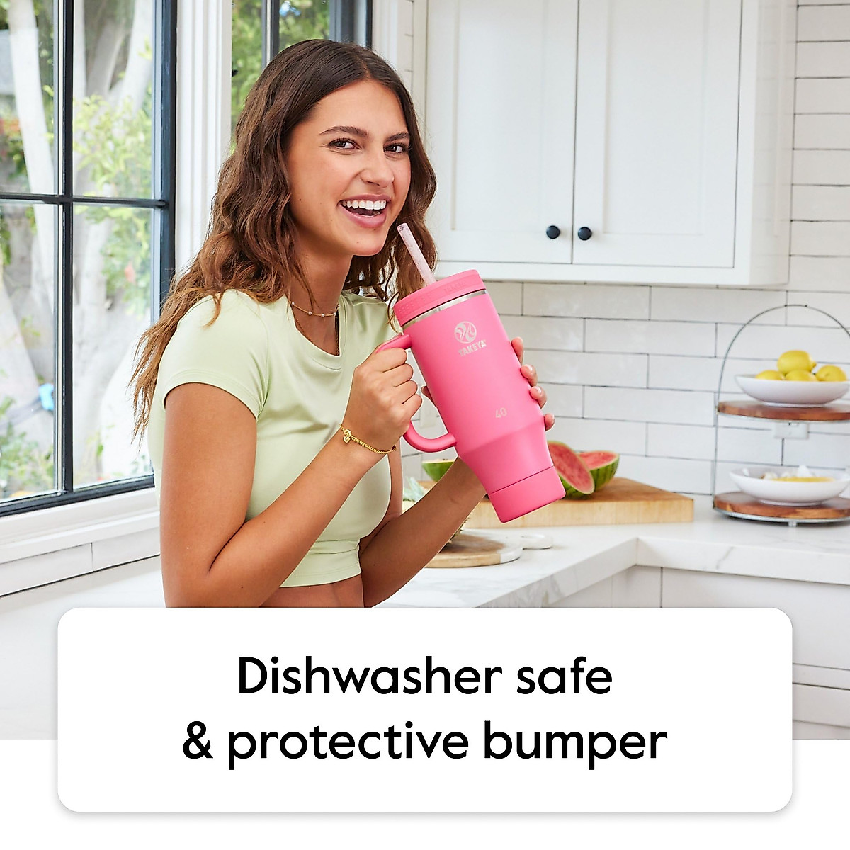 Takeya 40 oz Stainless Steel Tumbler with Lid and Two Straws, Premium Quality, Double Wall Insulated, Wiith Handle, Keep Drinks Cold for Up to 24 Hours, Dragon Fruit