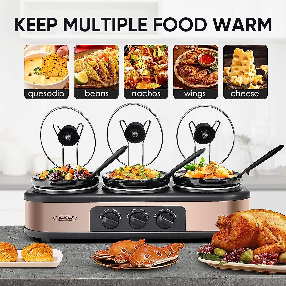 Slow Cooker, Dual Slow Cooker Black and Copper Triple Slow Cooker Buffet Server Multiple Pot Food Warmer, Slow Cooker Buffet Food Warmer Adjustable Temp Lid Rests Stainless Steel