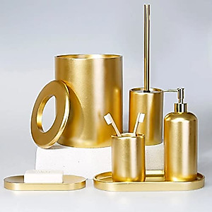 Victoria Elit Bathroom Set 6 Pieces in Gold Color / Dustbin, Toilet Brush, Towel Holder, Soap Dispenser, Toothbrush Holder and Soap Tray / Resin Metarial
