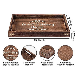 Sweet Happy Home - Rectangle Wooden Coffee Serving Tray with Handles, Funny Rustic Farmhouse Foods Tray Coffee Table Tray Home Kitchen Decorative for Christmas Birthday Housewarming Gifts