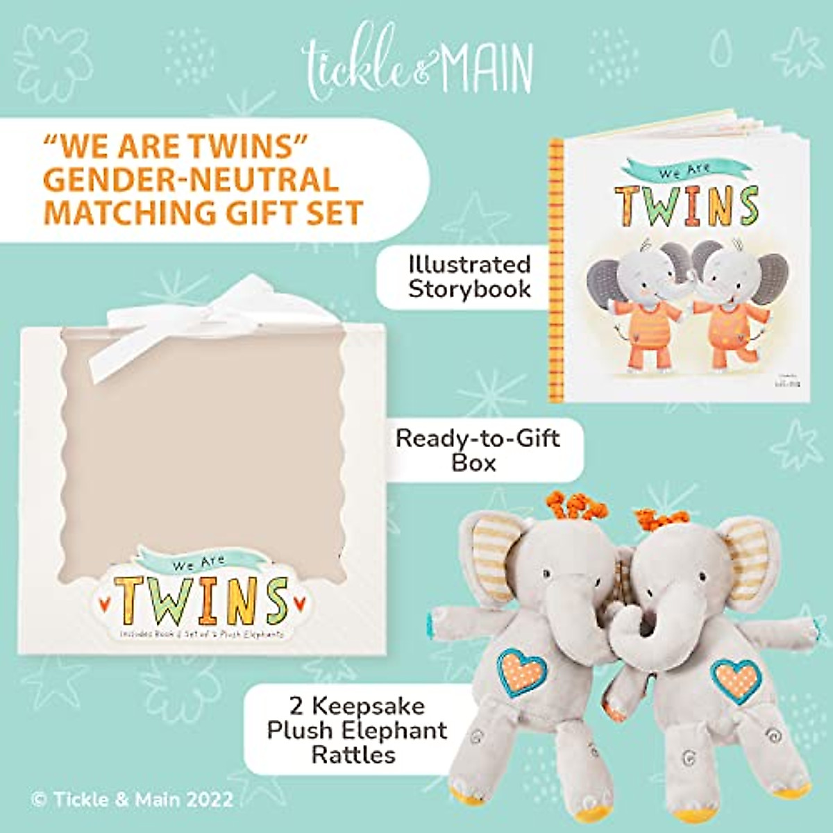 Tickle & Main We are Twins, Baby and Toddler Twin Gift Set, Keepsake Book and Set of 2 Plush Elephant Rattles for Boys and Girls