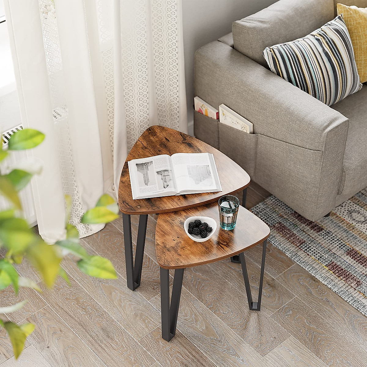 VASAGLE Nesting Coffee Tables, End Tables Set of 3 for Living Room Bedroom, Industrial Small Stacking Side Tables with Metal Frame for Couch, Rustic Brown and Black ULNT13X, 23.1 x 23.1 x 17.7 Inches