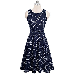 HOMEYEE Women's Sleeveless Cocktail A-Line Embroidery Casual Party Summer Wedding Guest Dress A079(4,Dark Blue Geometry)