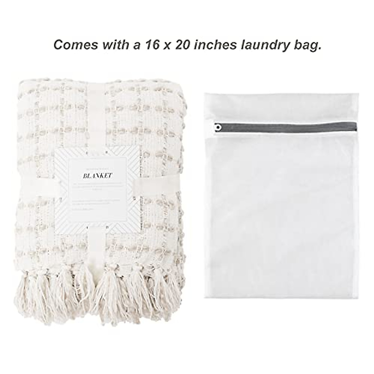 Decorative Woven Ash Blonde White Plaid Throw Blanket, Soft Beige Cross Knitted Chenille Blanket with Tassels for Farmhouse Boho Décor, 50" x 60"