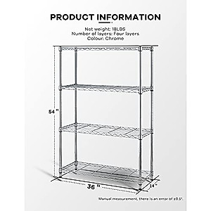 HCY Garage Shelving, 54 inchx36 inchx14 inch Metal Shelves 4 Tier Wire Shelving Unit Adjustable Heavy Duty Sturdy Steel Shelving Rack Shelf for Pantry Garage Kitchen (Chrome)