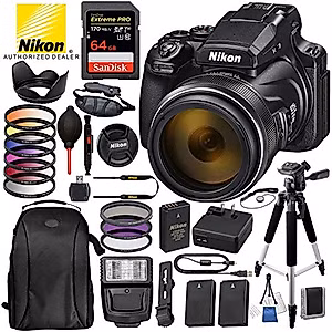 Nikon COOLPIX P1000 Digital Camera with 125x Optical Zoom USA (Black) 26522 16PC Accessory Bundle Package – Includes SanDisk 64GB Extreme Pro SDHC Memory Card + 2X Extra Battery + 57” Tripod + More