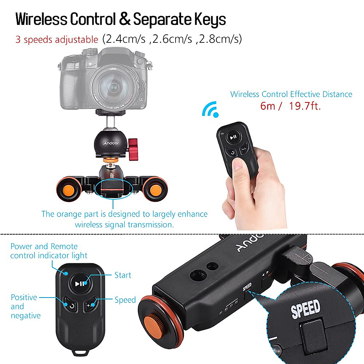 Andoer 3-Wheels Wireless Remote Control Motorized Camera Video Auto Dolly 3 Speed Adjustable with Mini Flexible Ballhead Mount Adapter Compatible with Canon Nikon Sony DSLR Camera Smartphone