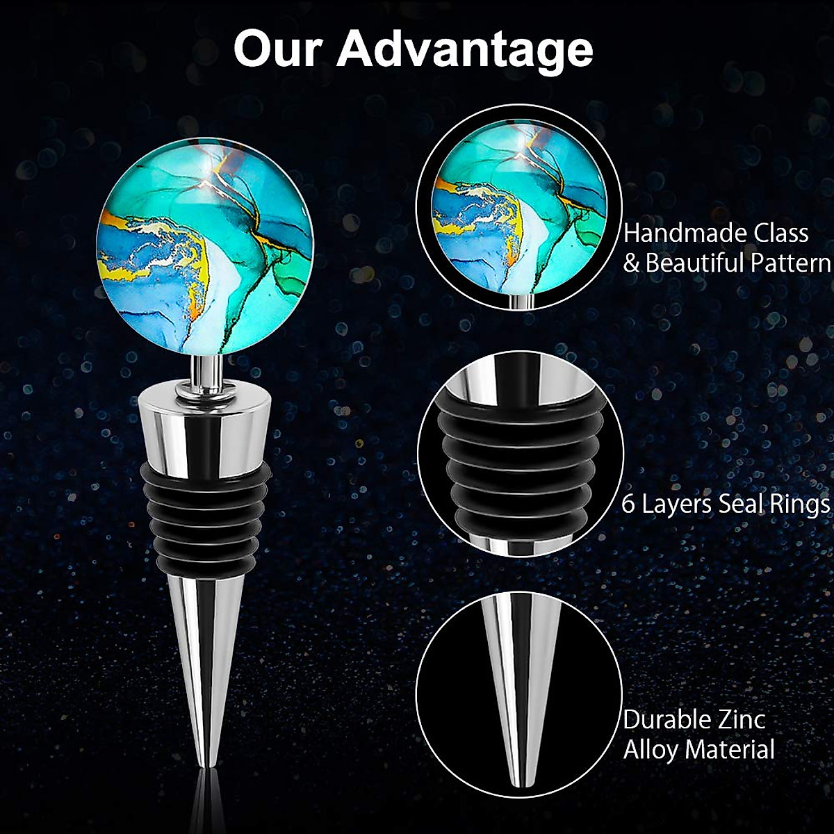 Soleebee 3 Pack Decorative Wine Stoppers, Wine Bottle Stopper with Beautiful Art Glass，Beverage Bottle Stoppers For Gifts, Bar, Holiday Party, Wedding (Style J)