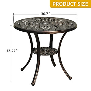 DWVO 30 Inches Round Patio Dining Table with Umbrella Hole, Antique Cast Aluminum Outdoor Bistro Table Outdoor Side Table for Backyard, Garden, Patio, Porch, Hammered Bronze