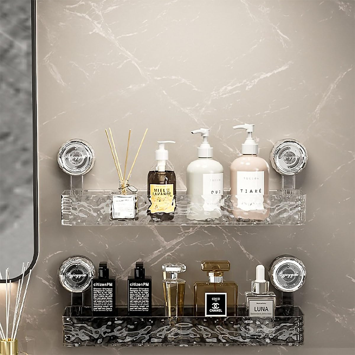 LGQY Raidley No Drill Clear Wall Caddy, Drill-Free Removable Multi Triangle Storage,2024 new light luxury style glacier pattern suction cup shelf (Clear-B)