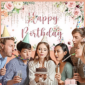 RUBFAC Happy Birthday Banner Decorations Backdrop Glitter Black Rose Gold Birthday Banner for Women Girls Photography Party Supplies