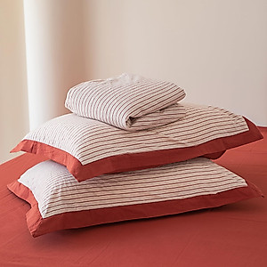 SUSYBAO Red Striped Duvet Cover King 100% Washed Cotton Rustic Pinstripe Duvet Cover 3 Pcs Set 1 Horizontal Stripe Duvet Cover with Zipper Ties 2 Pillow Shams Soft Geometric Double Color Bedding