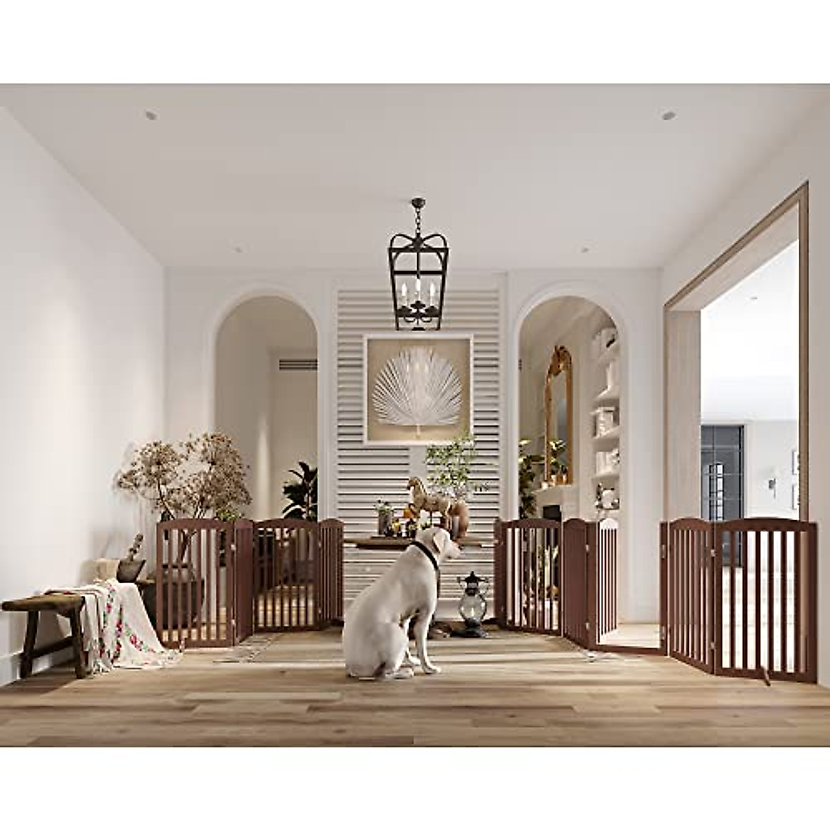 BHG No-Assembly Freestanding Dog Gate with Door, Extended Wide 120" Tall 36" Wooden Pet Gate, Accordion Folding Playpen Fence, 2PCS Support Feet Included, for The House - Espresso