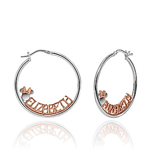 Disney Minnie Mouse Two Tone 18k Rose Flash Plated and Silver Hoop Personalized Custom Name Earrings, Officially Licensed